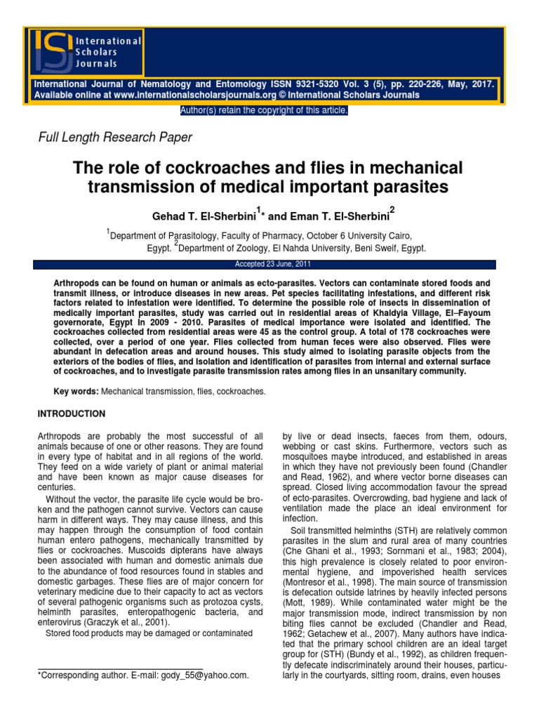 The Role of Cockroaches and Flies in Mechanical Transmission of Medical ...