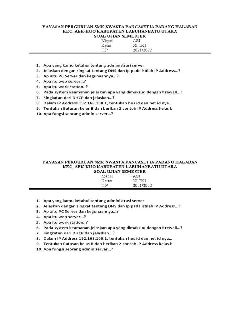 Soal & Jawaban Ujian ASJ Kelas XI TKJ | PDF
