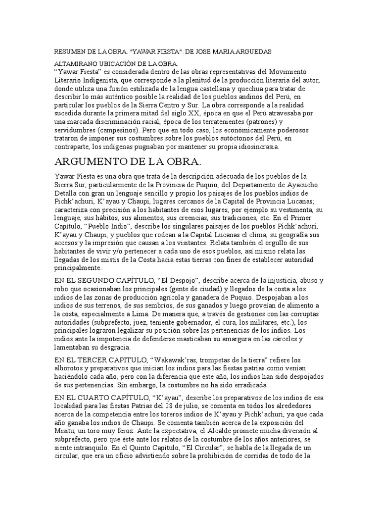 Resumen de La Obra Yawar Fiesta | PDF | Historia Resumen de La Obra Yawar Fiesta | PDF | Historia