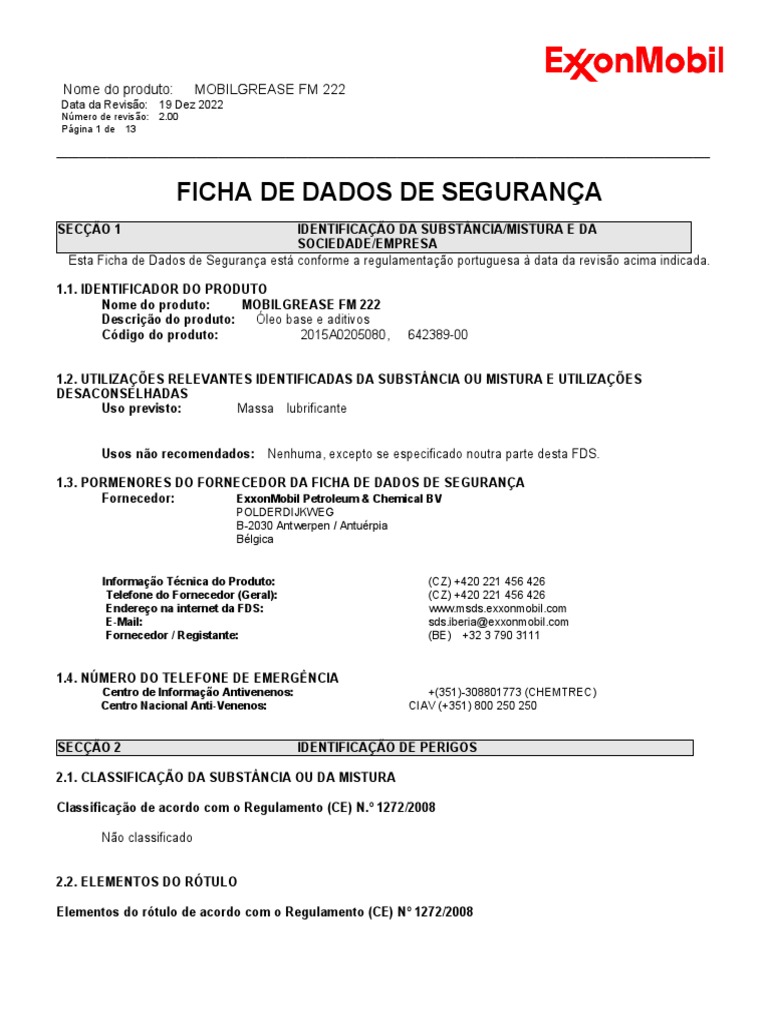 Fispq - Mobilgrease FM222 PDF | PDF | Desperdício | Primeiros socorros