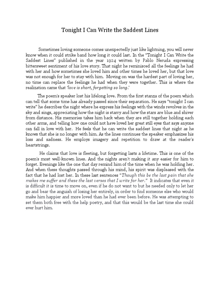 Tonight I Can Write The Saddest Lines ANALYSIS | PDF