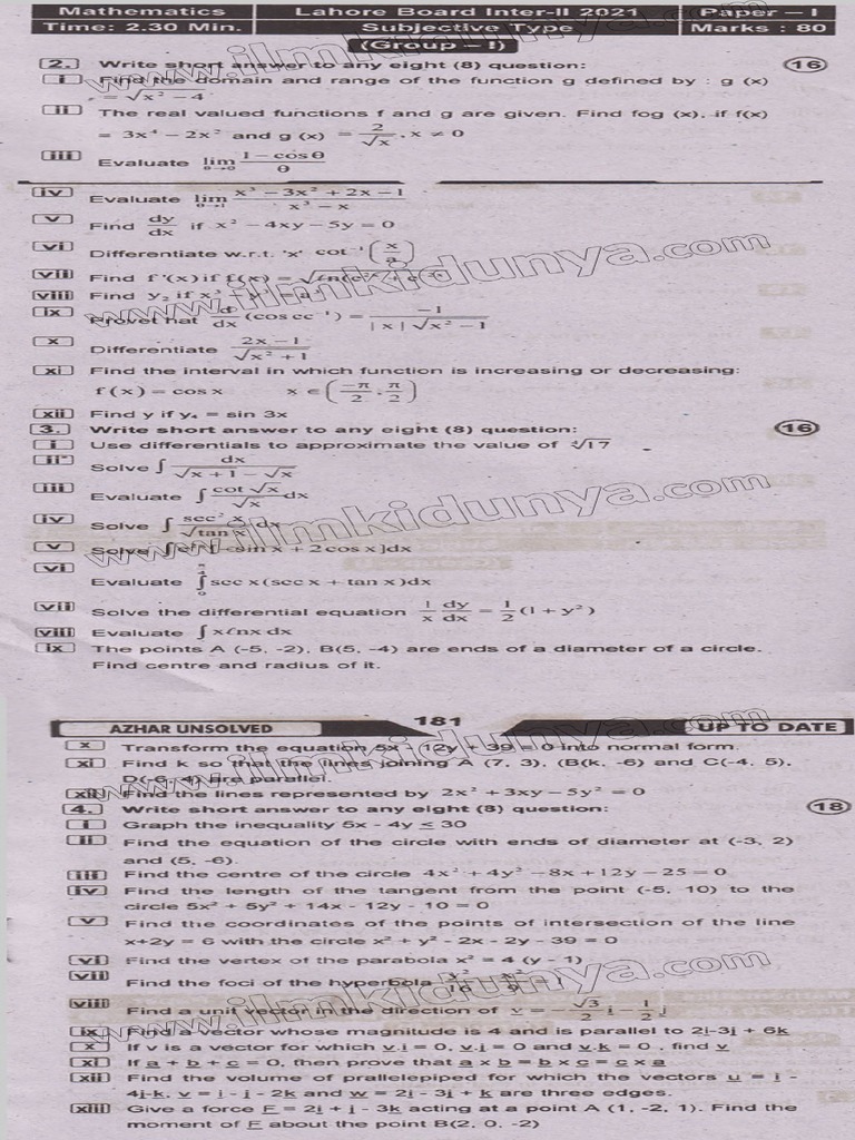 Past Papers 2021 Lahore Board Inter Part 2 Mathematics Group I Subjective Both Medium PDF | PDF