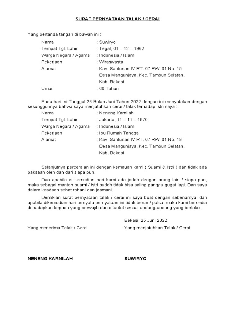 Surat Pernyataan Talak Atau Cerai | PDF