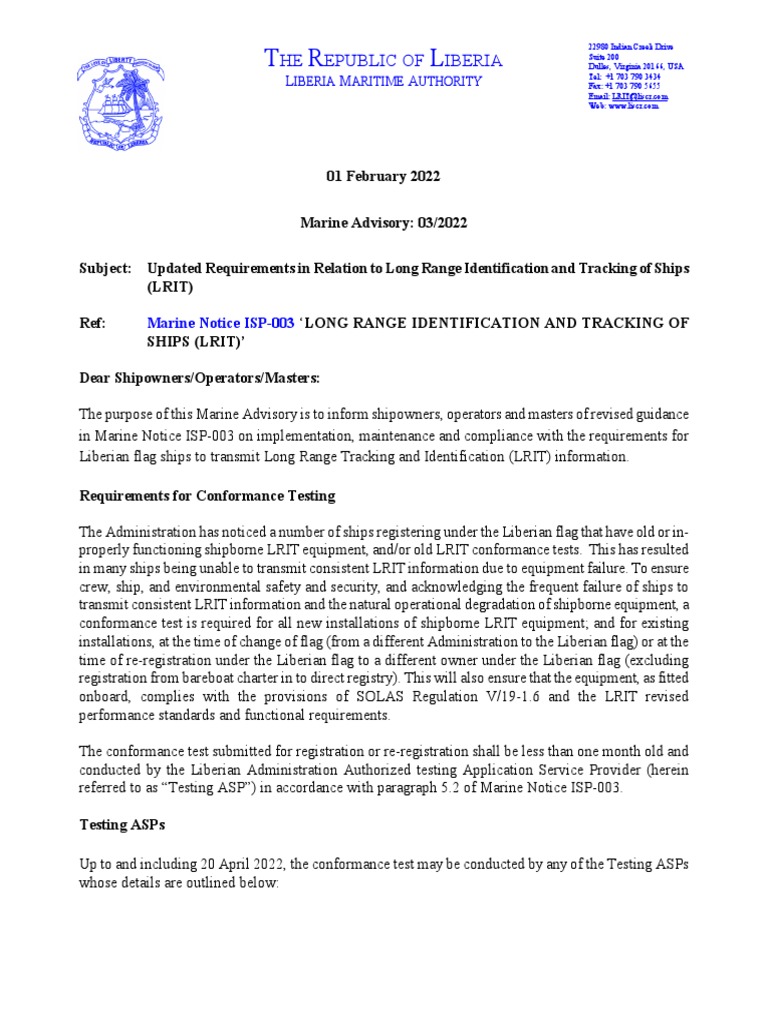 Marine Advisory 03-22 LRIT | PDF | Computing | Telecommunications