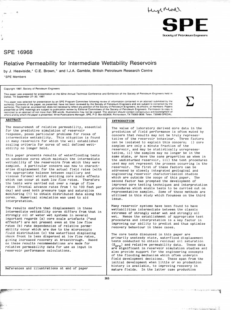SPE016968 Rel Perm Intermediate Wet Reservoirs - Heaviside | PDF