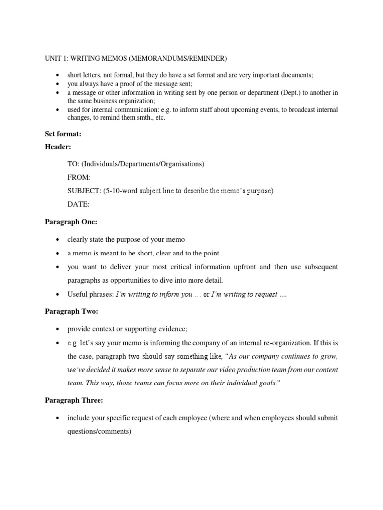 Writing Memos. Worksheet | PDF | Memorandum | Business