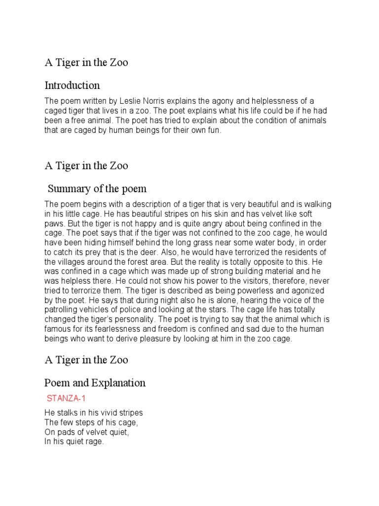Agony of a Caged Tiger Poem Analysis | PDF | Rhyme | Tiger
