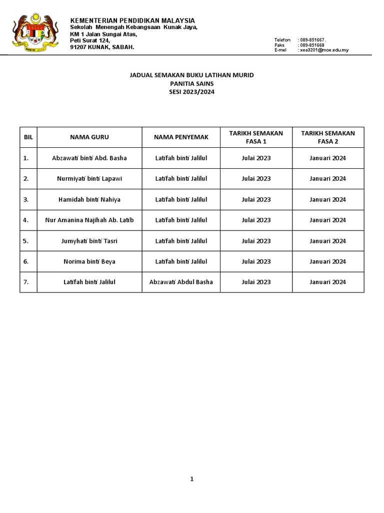 Jadual Semakan Buku Latihan Murid | PDF