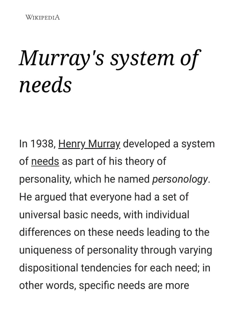 Murray's System of Needs - Wikipedia PDF | PDF | Cognition | Cognitive ...