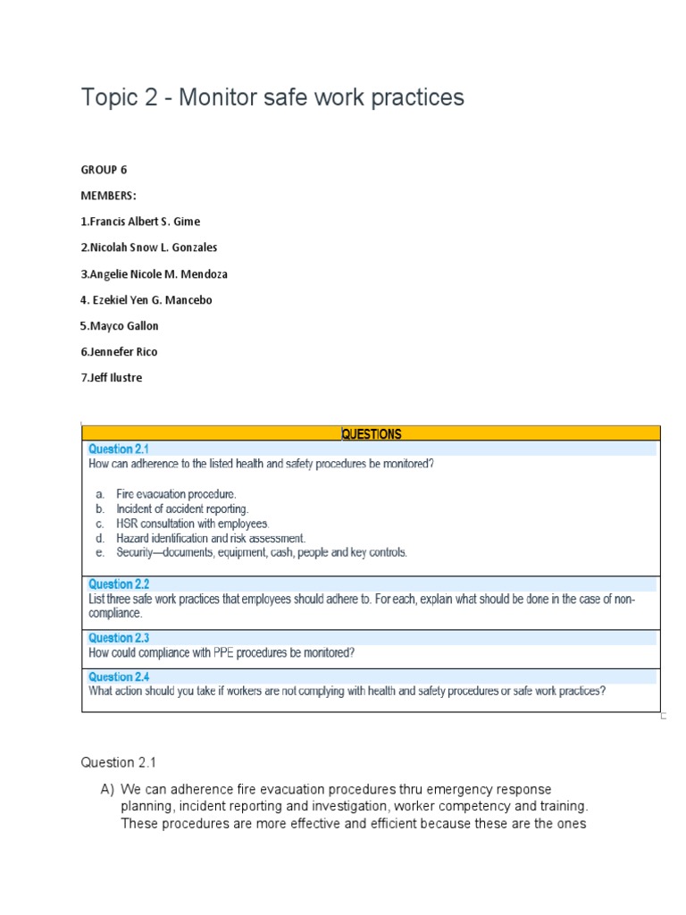 Topic 2 - Monitor Safe Work Practices - PACH | PDF | Employment | Safety