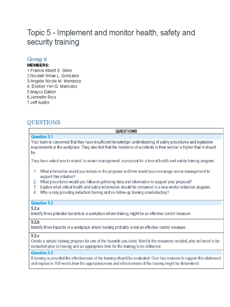 Topic 5 - Implement and Monitor Health, Safety and Security Training | PDF | Hazards ...