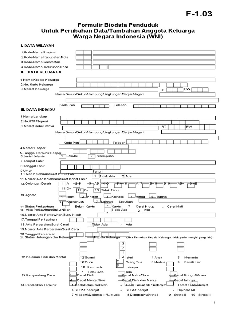 F-1.03 Formulir Pendaftaran Perpindahan Penduduk-Dikonversi | PDF