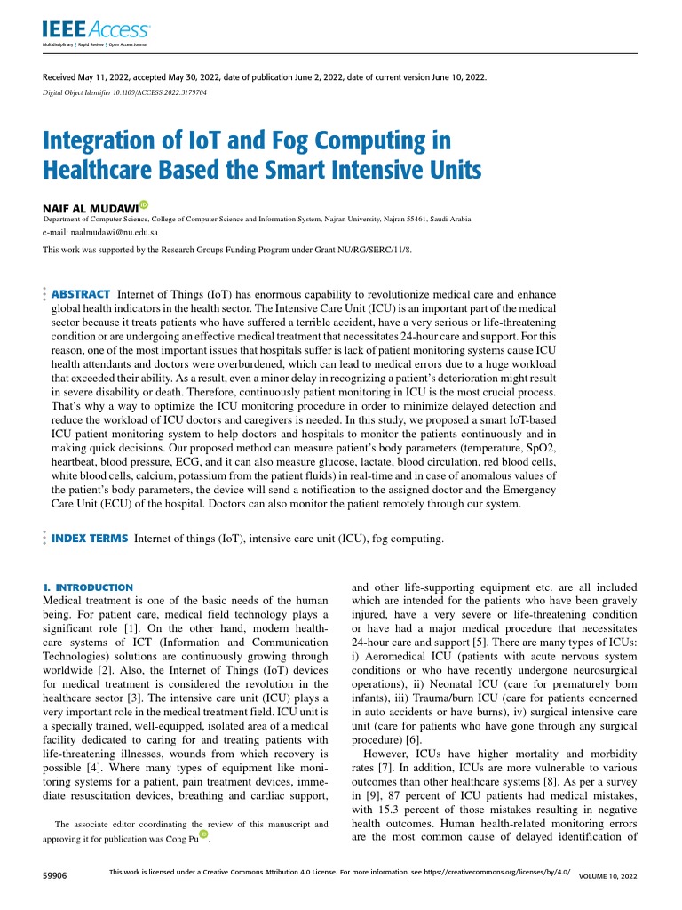 Integration of IoT and Fog Computing in Healthcare Based The Smart Intensive Units | PDF ...