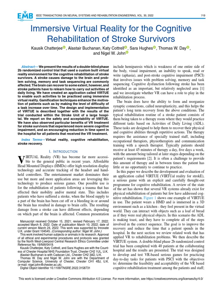 Immersive Virtual Reality For The Cognitive Rehabilitation of Stroke ... Immersive Virtual Reality For The Cognitive Rehabilitation of Stroke ...