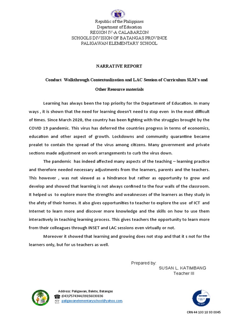 Paligawan Elementary School Narrative Report | PDF | Learning | Teachers