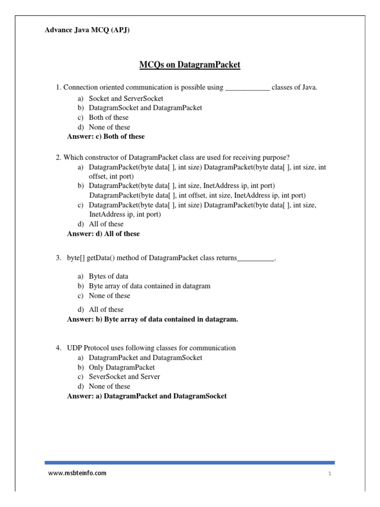 AJP DatagramPacket MCQ PDF | PDF | Port (Computer Networking) | Network Socket