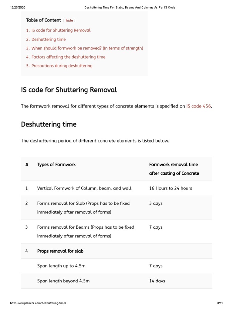 Deshuttering Time For Slabs, Beams and Columns As Per IS Code | PDF ...