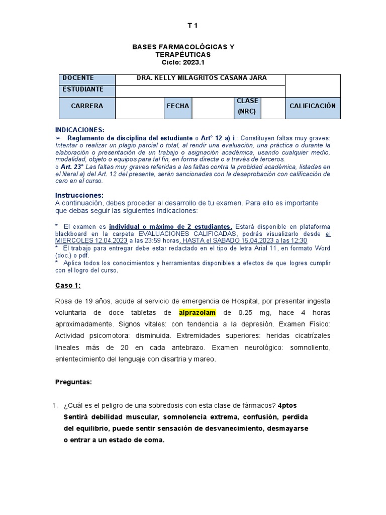 Examen - T 1 - BASES FARMACOLÓGICAS Y TERAPÉUTICAS | PDF | Medicamentos con receta | Benzodiazepinas