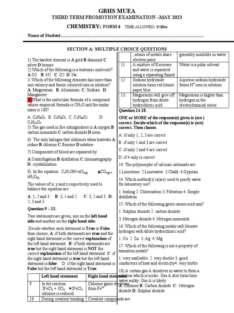 F4 Exam 2023 | PDF | Science & Mathematics