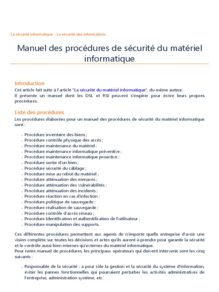 Manuel Des Procédures de Sécurité Du Matériel Informatique PDF ...