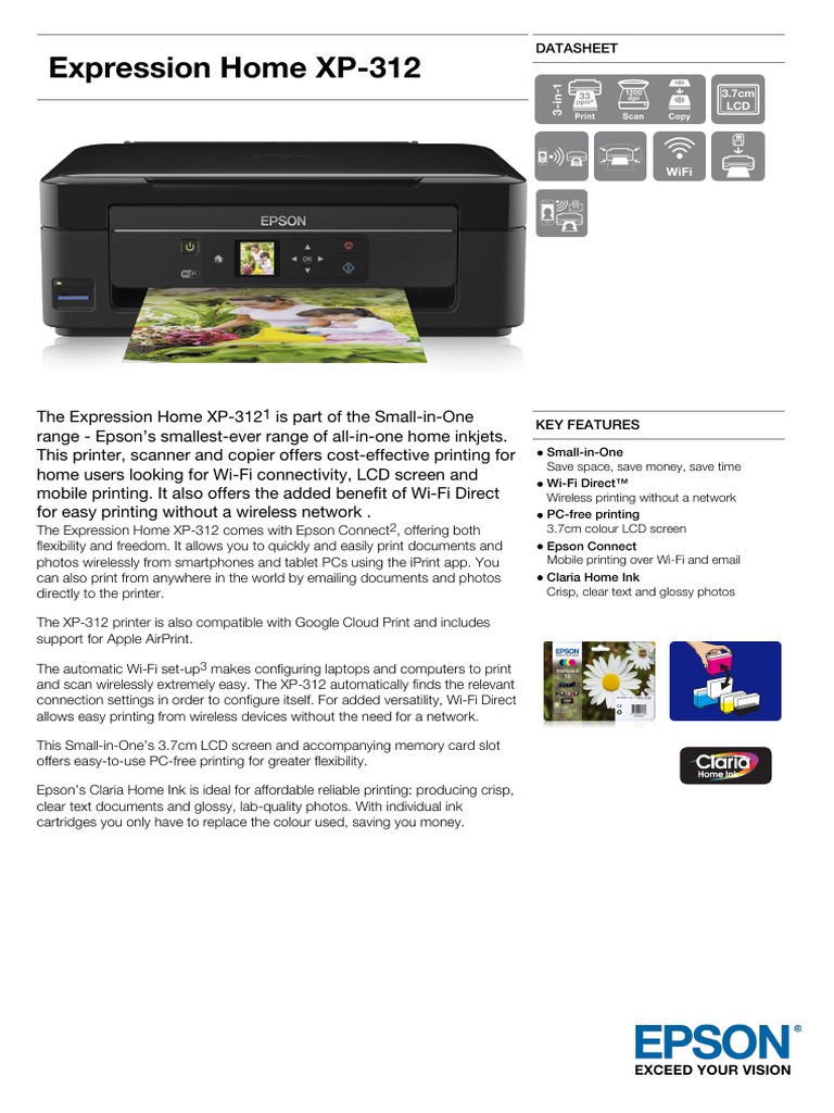 Expression Home XP 312 Datasheet | PDF | Printer (Computing) | Image Scanner