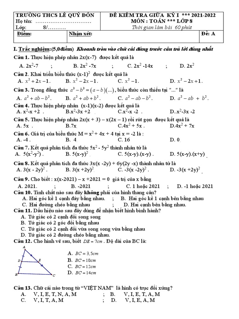 De Giua Hoc Ky 1 Toan 8 Nam 2021 2022 Truong Thcs Le Quy Don Quang Nam | PDF