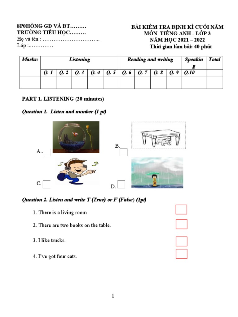 Bo de Thi Hoc Ky 2 Mon Tieng Anh Lop 3 | PDF