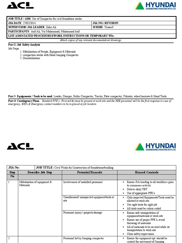 JSA - Civil Compaction Work | PDF | Occupational Safety And Health | Safety