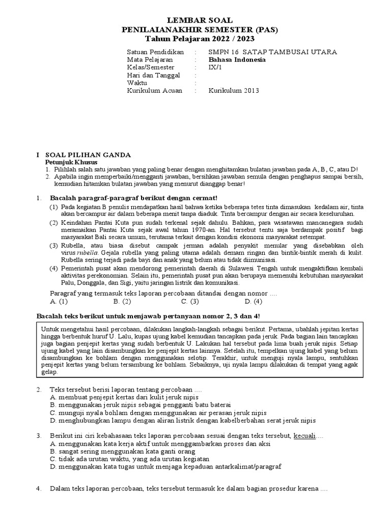 Soal PAS Bahasa Indonesia Kelas IX | PDF