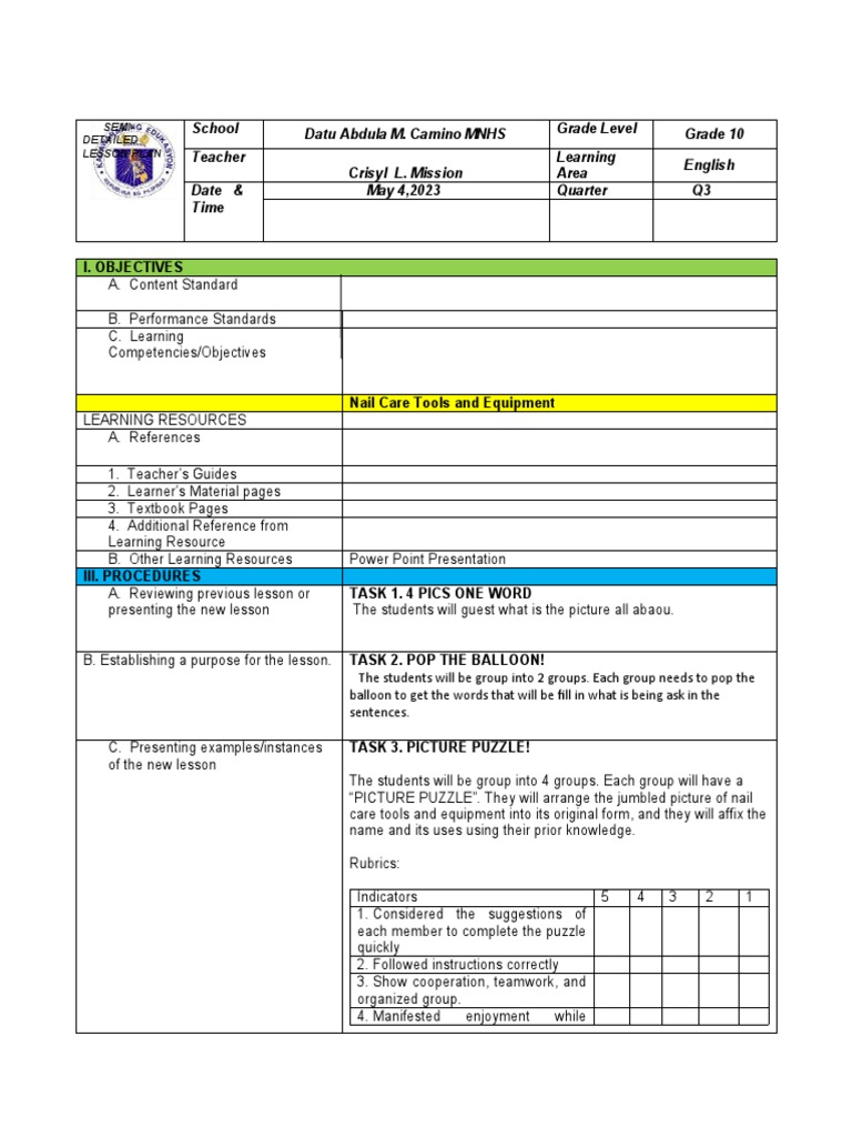 Grade 10 Nail Care Lesson Plan | PDF | Nail (Anatomy)