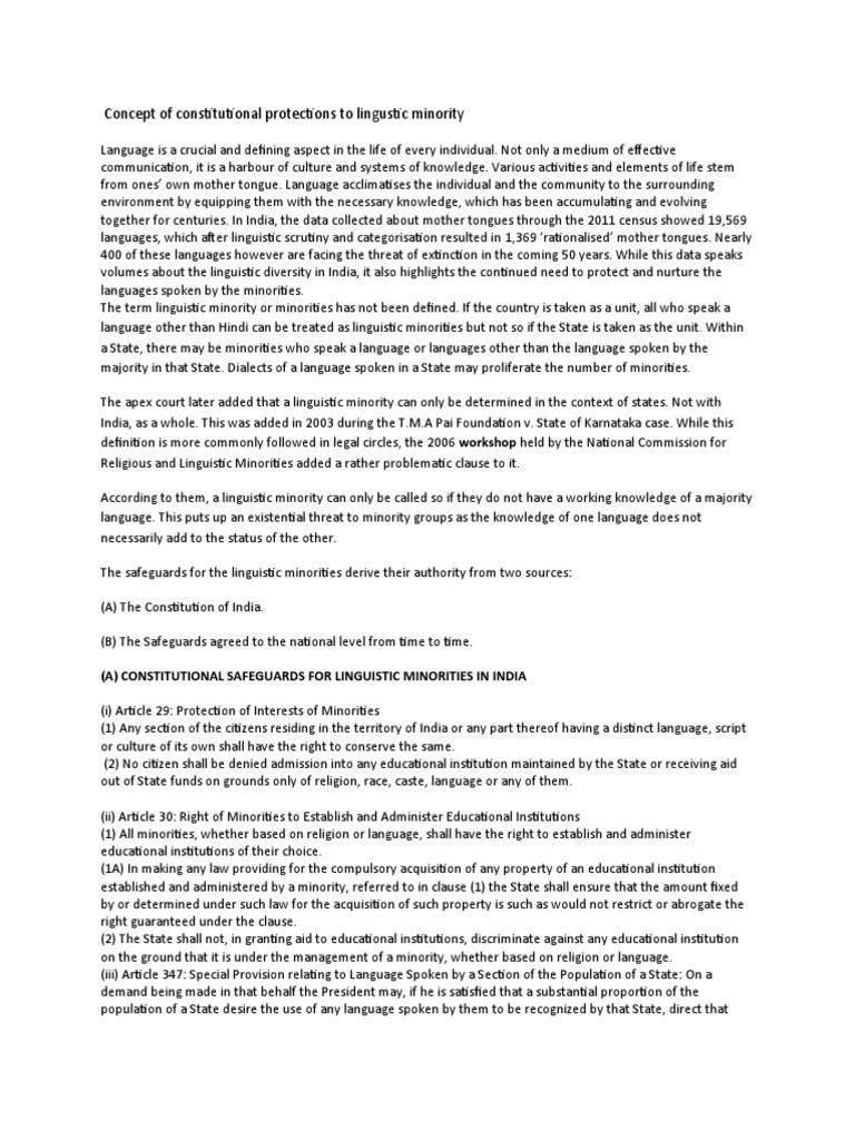 Concept of Constitutional Protections To Lingustic Minority | PDF ...