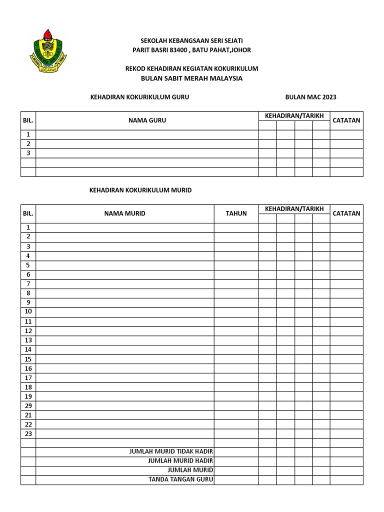 Borang Kehadiran Kokurikulum | PDF