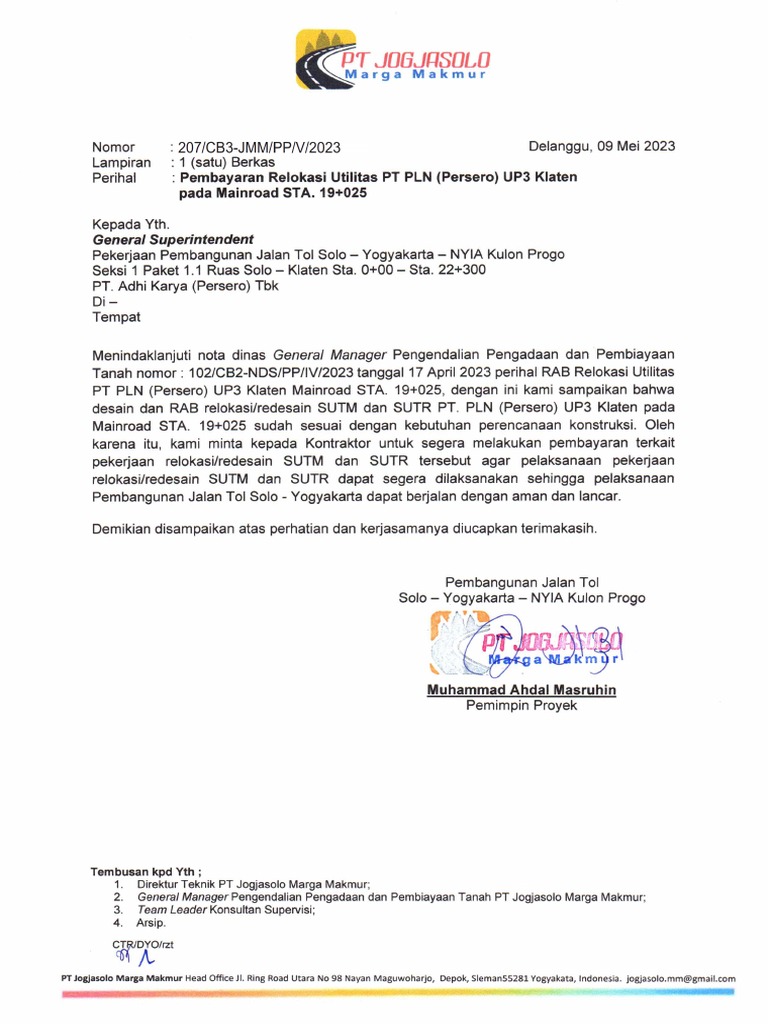 SK - 207 - Pembayaran Relokasi Utilitas PT PLN (Persero) UP3 Klaten ...