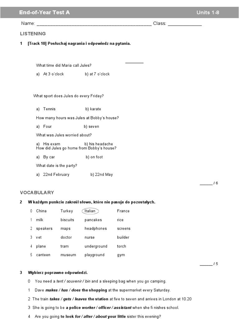 English Class A1+ - End of Year Test A - TEST | PDF