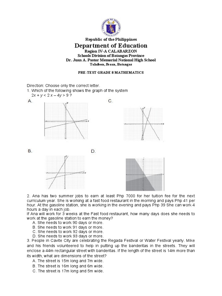 Pre Test G8 Mathematics Second Quarter | PDF | Geometry | Elementary ...