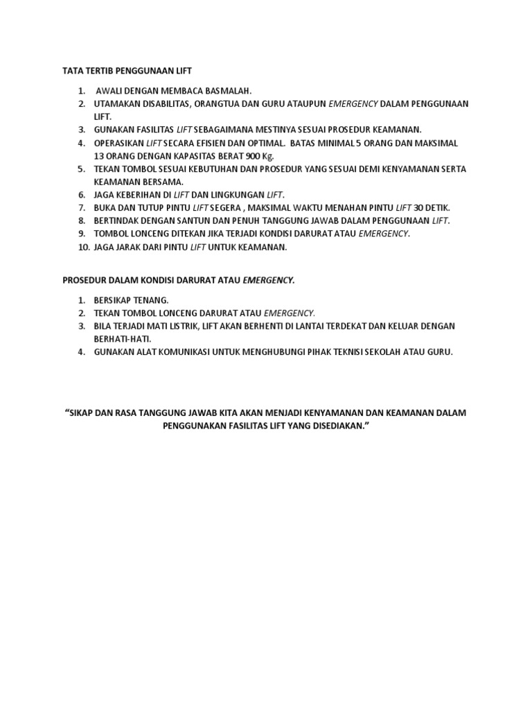 Tata Tertib Penggunaan Lift | PDF