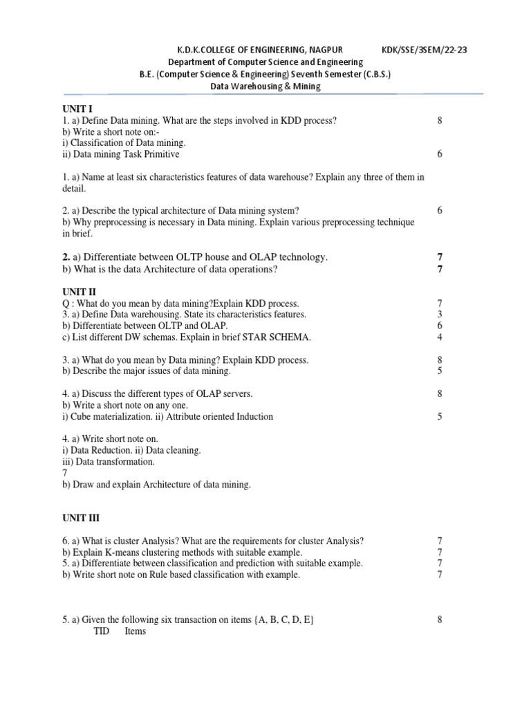 Question Bank DWM 2022-23 Vii Semester B.E. Cse | PDF | Data Warehouse | Cluster Analysis