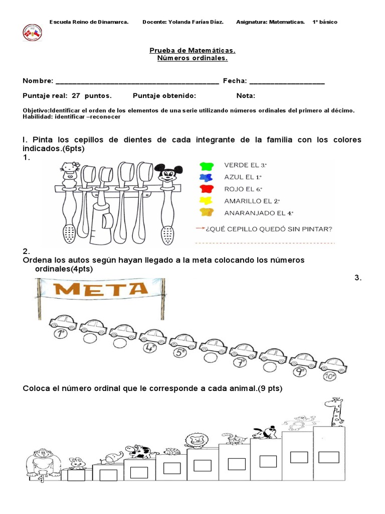 Prueba Adicion, Sustraccion y Números Ordinales Ok.. 3 | PDF