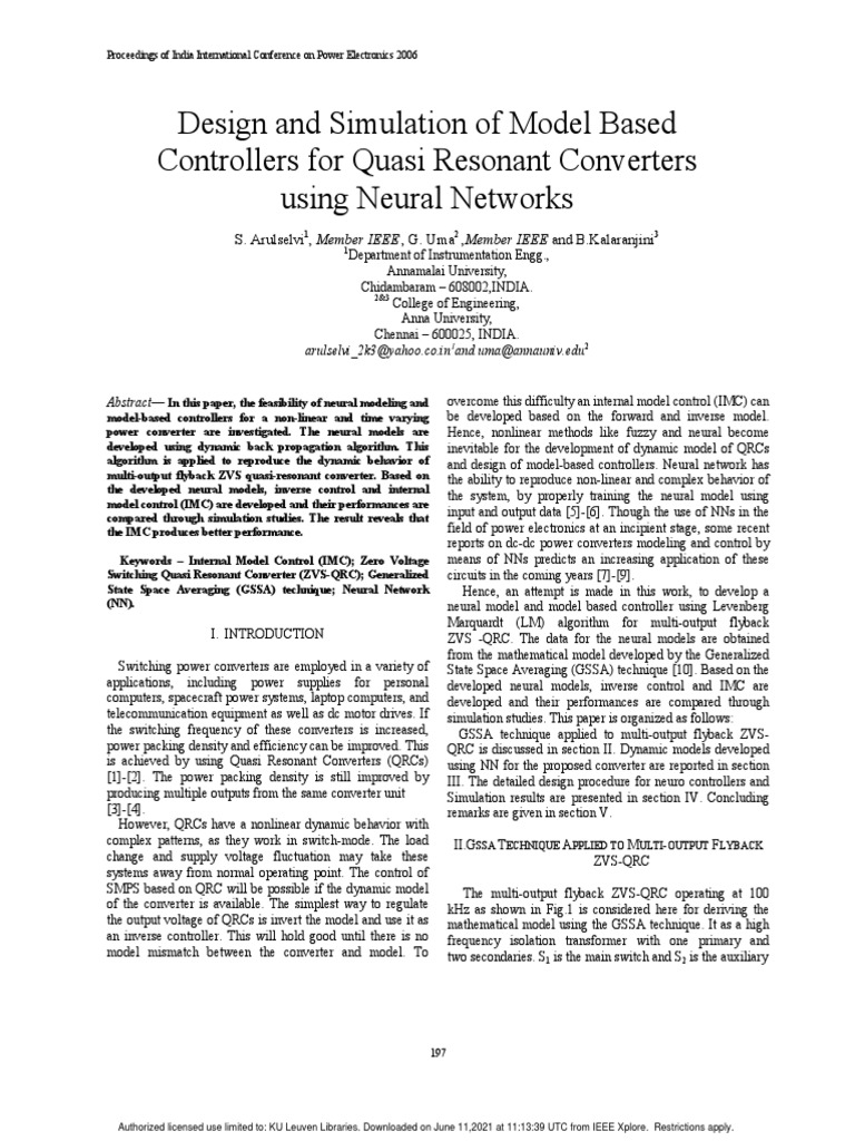Design And Simulation Of Model Based Controllers For Quasi Resonant Converters Using Neural 