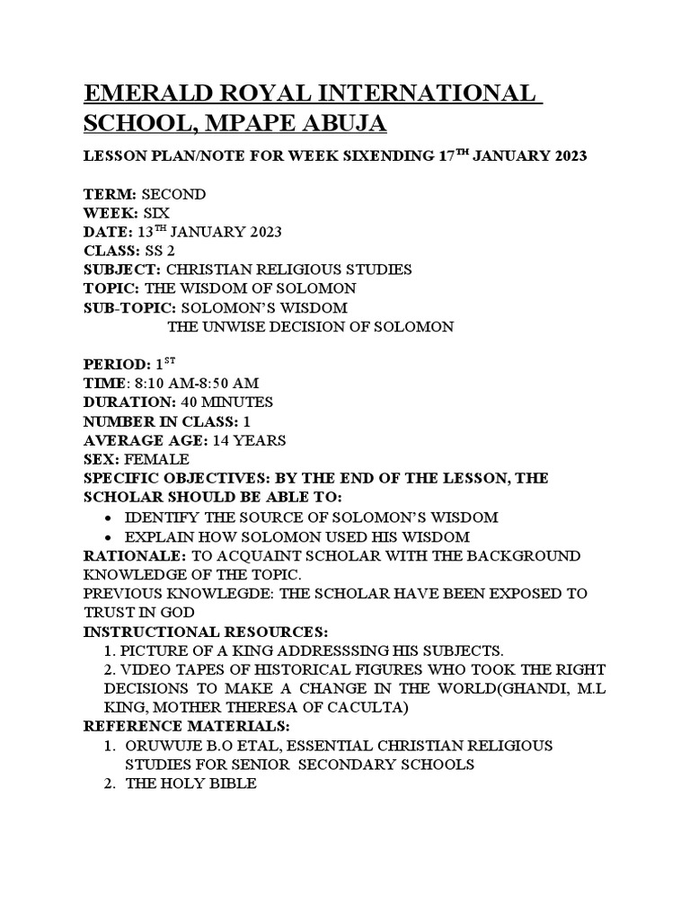 2ND CRS SS2 Week 6 | PDF | Solomons | Yahweh