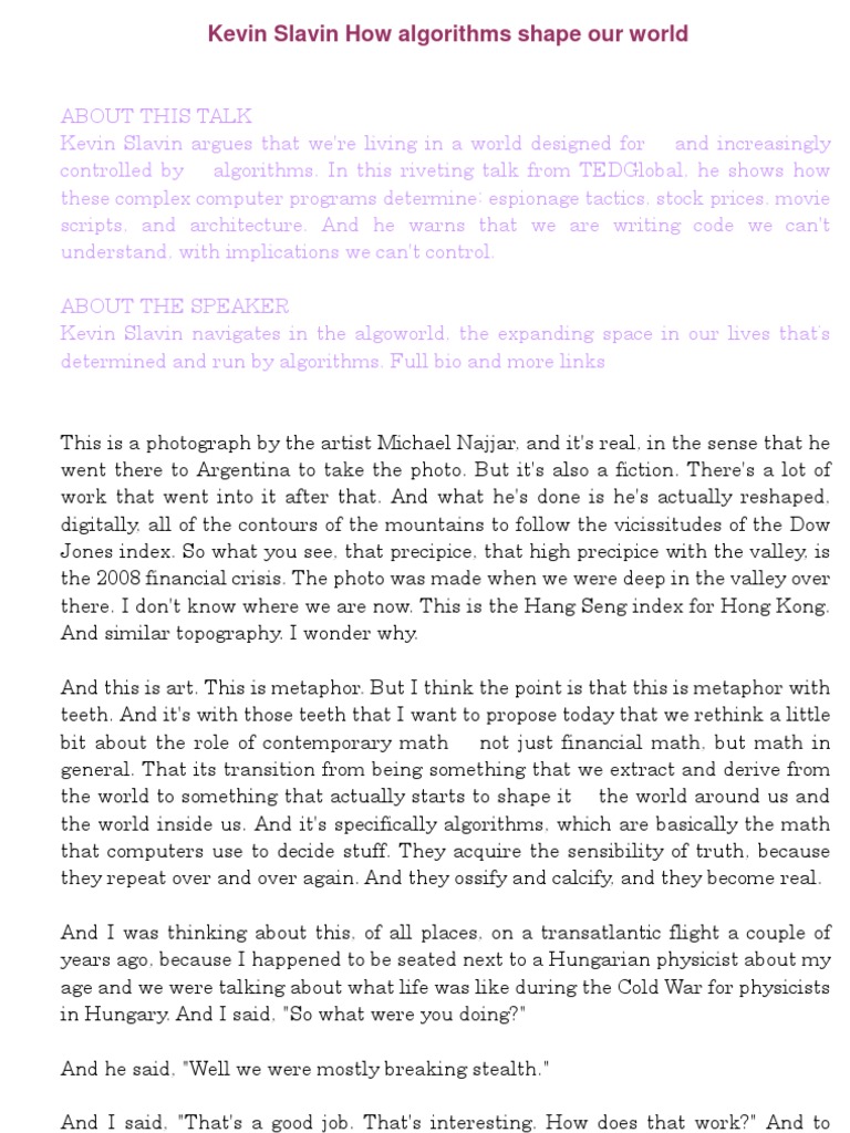Kevin Slavin How Algorithms Shape Our World | PDF | Algorithmic Trading ...