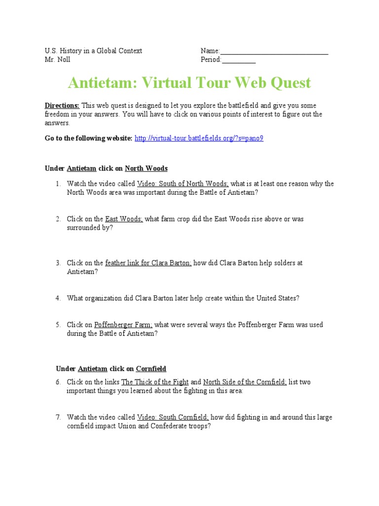 Antietam Civil War Virtual Tour Webquest | PDF | Military | Battles Of ...