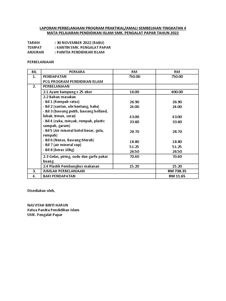 LAPORAN PERBELANJAAN PROGRAM SEMBELIHAN TINGKATAN 4.docx | PDF