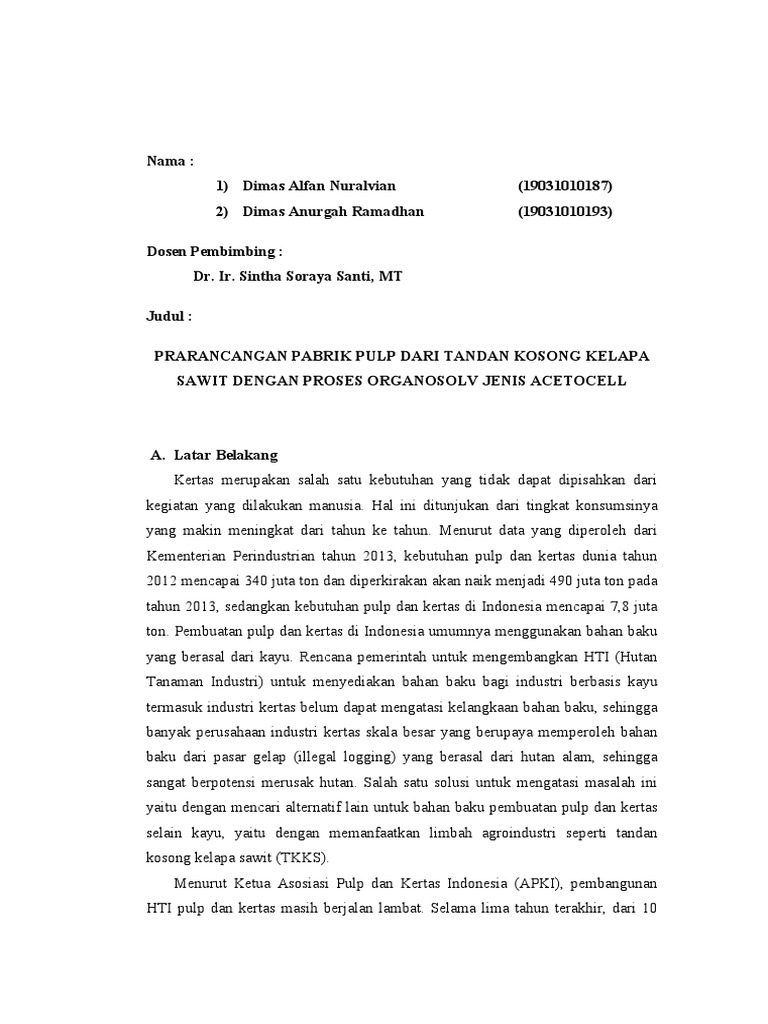 Resume Pra Rancangan Pabrik Pulp Dari Tandan Kosong Kelapa Sawit | PDF | Teknologi & Rekayasa