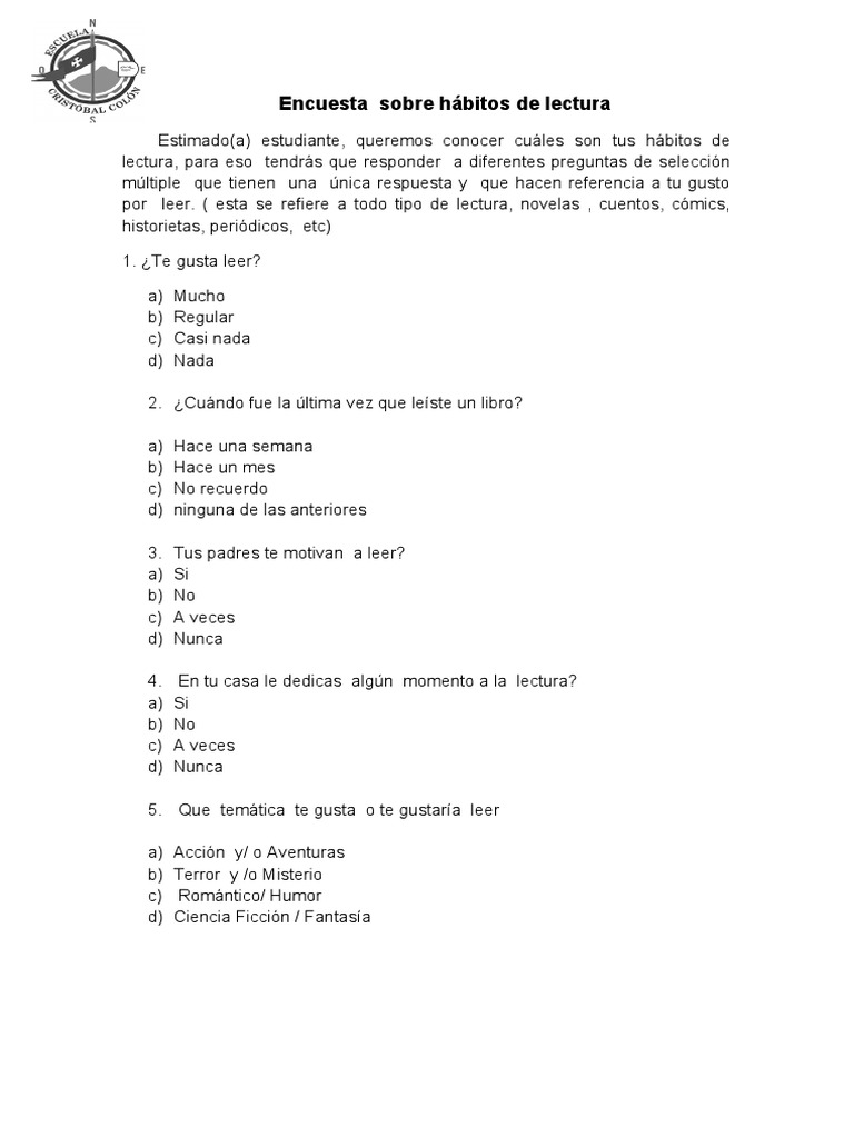 Encuesta sobre Hábitos de Lectura | PDF | Artes del Lenguaje y ...