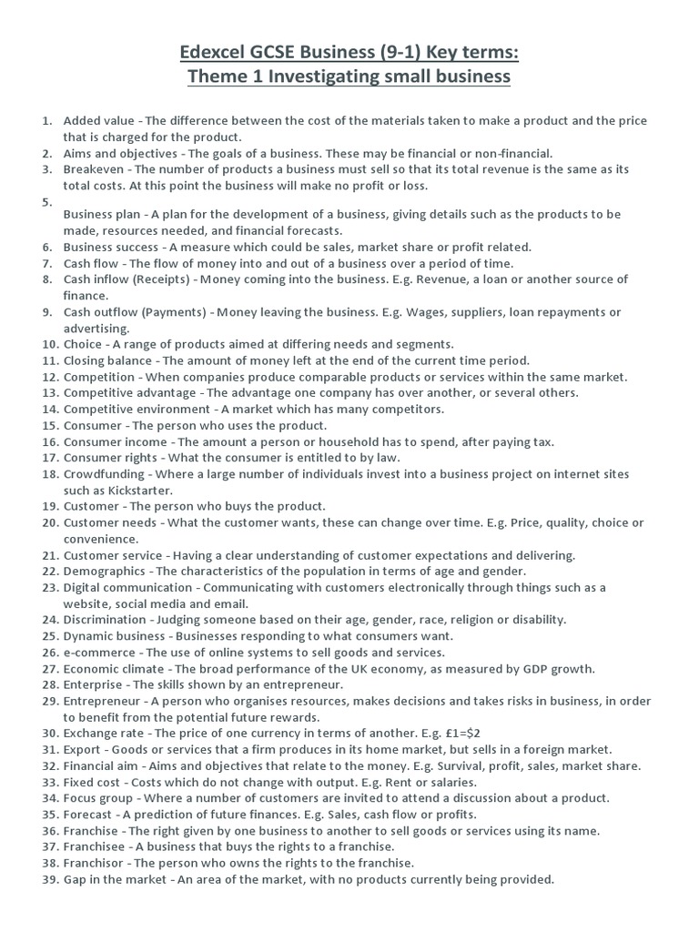 Edexcel GCSE Business Theme 1 Key Terms PDF | PDF | Franchising | Business