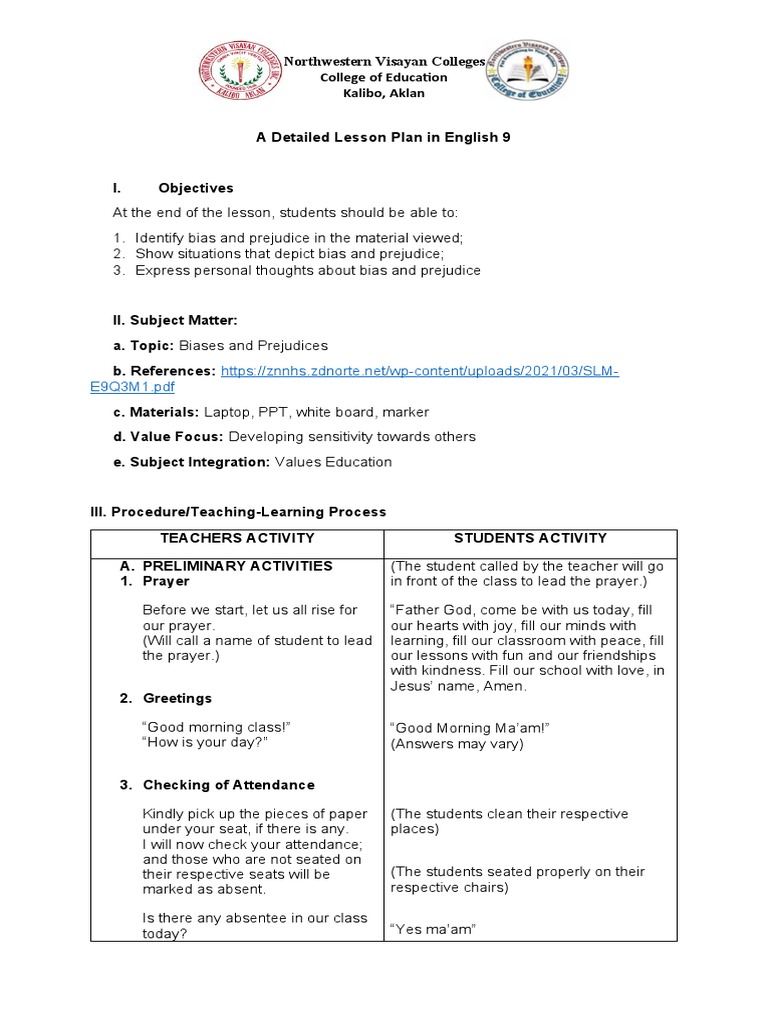 A Detailed Lesson Plan in English 9 Final | PDF | Bias | Prejudices