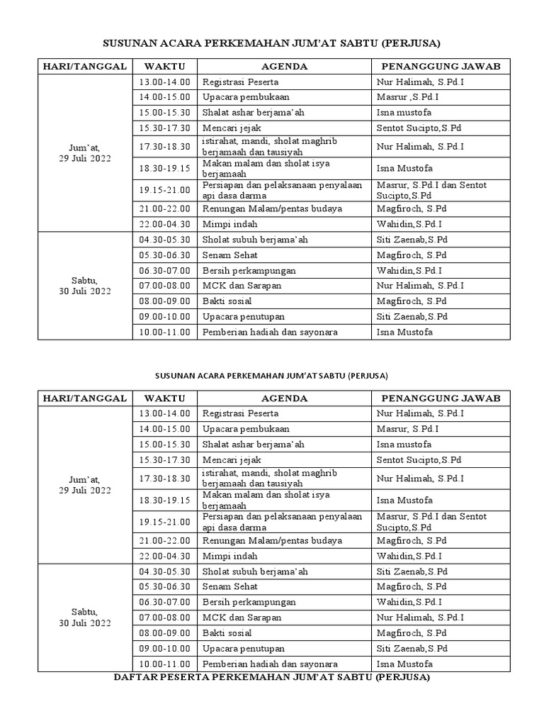 Susunan Acara Perkemahan Perjusa | PDF