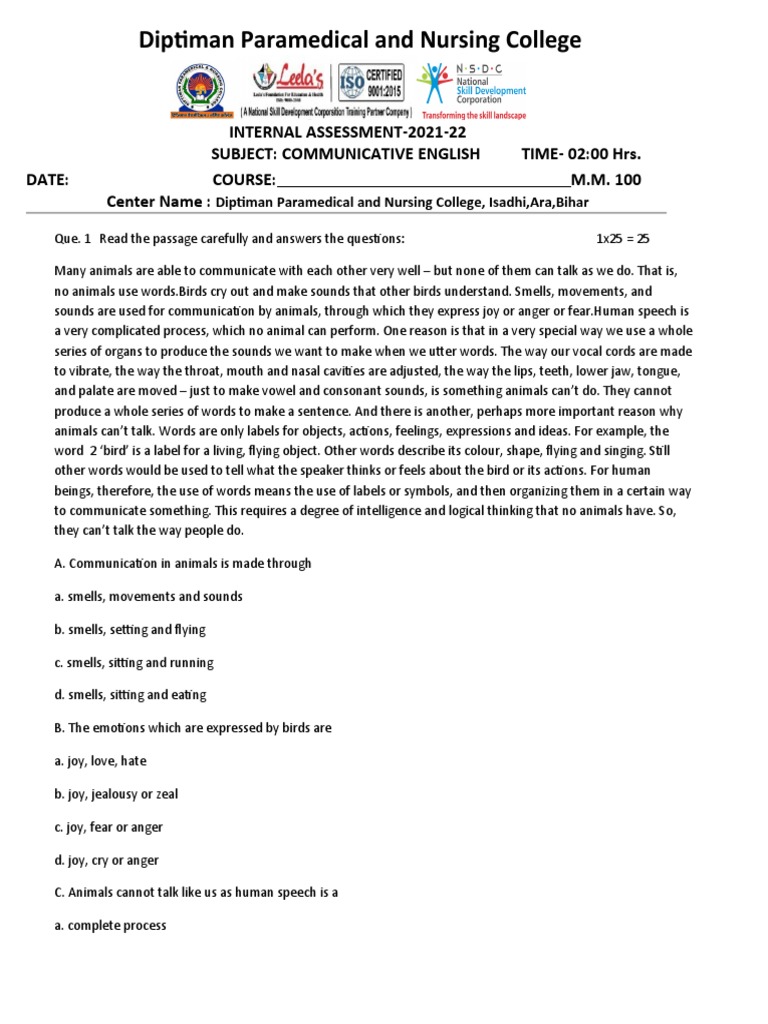 Diptiman Paramedical Nursing College Internal Assessment | PDF | Speech ...