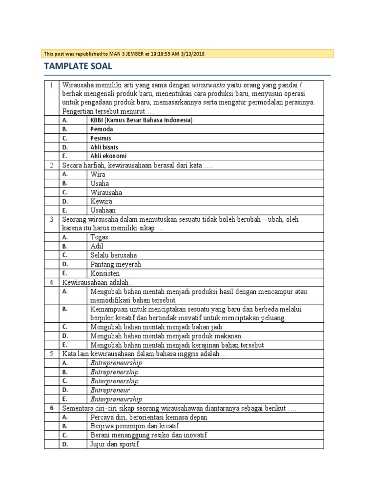 Template Soal Pas PKK Kelas Xi | PDF